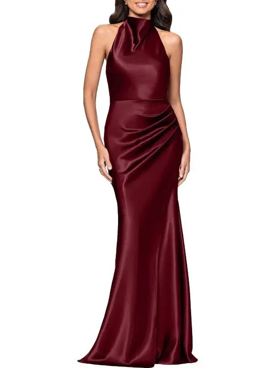 Betsy & Adam Charmeuse Halter Trumpet Gown - Burgundy