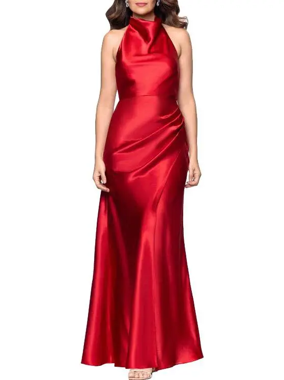 Betsy & Adam Charmeuse Halter Trumpet Gown - Red