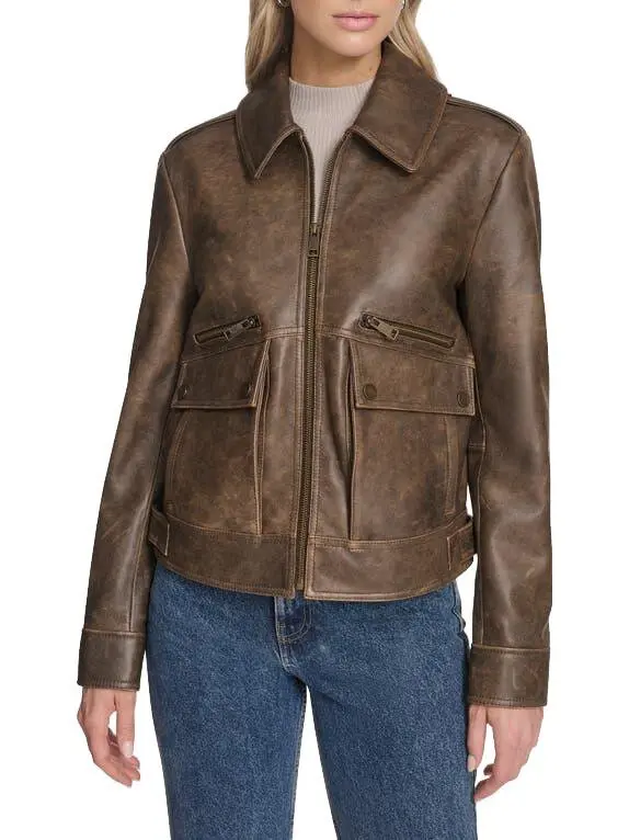 Andrew Marc Addis Aviator Leather Jacket - Brown