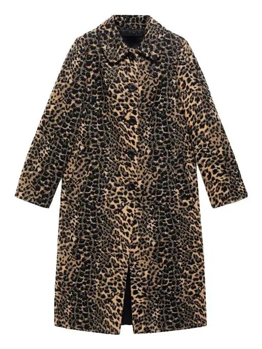 Mango Leopard Print Metallic Longline Coat - Medium Brown