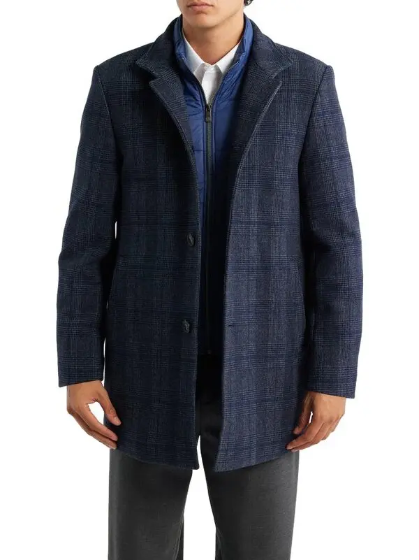 Hart Schaffner Marx Mason Plaid Wool-blend Overcoat With Quilted Bib - Navy Plaid