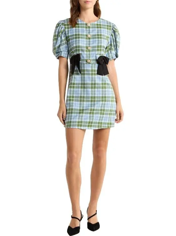 SISTER JANE Foyer Check Puff Sleeve Mini Dress - Green