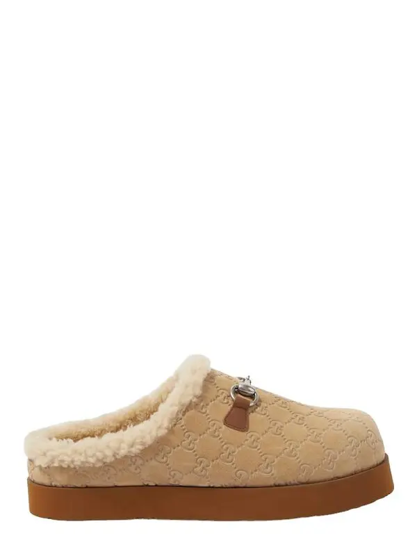 Gucci Gg Shearling-trimmed Suede Mules - Beige