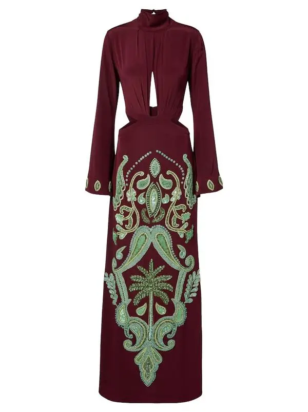 Johanna Ortiz Aurora Magica Beaded Silk Gown - Burgundy