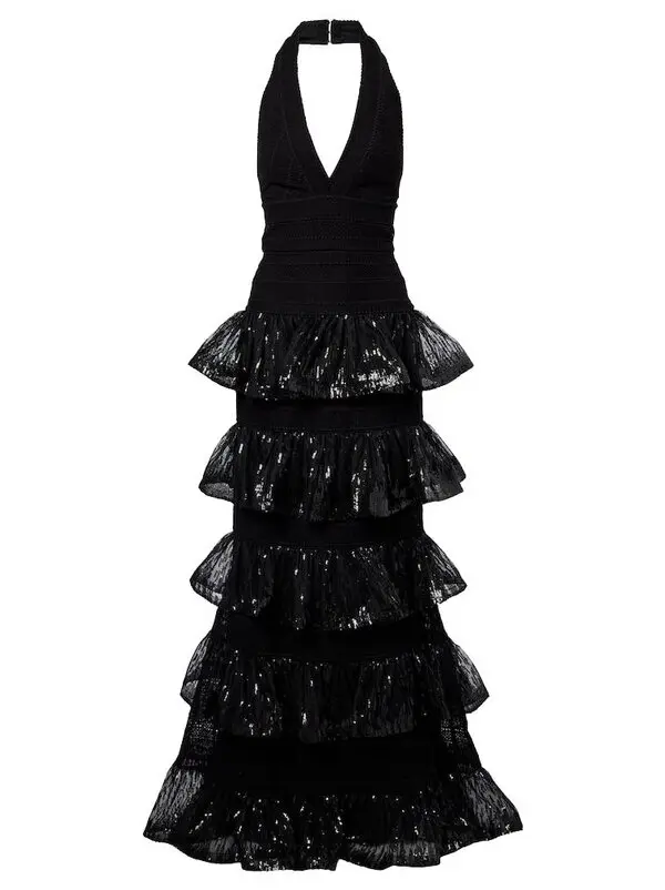 Elie Saab Sequined Macramé Gown - Black