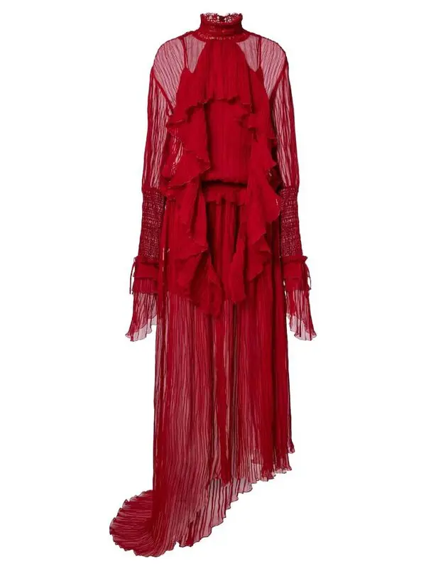 Blumarine Pleated Ruffled Silk Chiffon Gown - Red