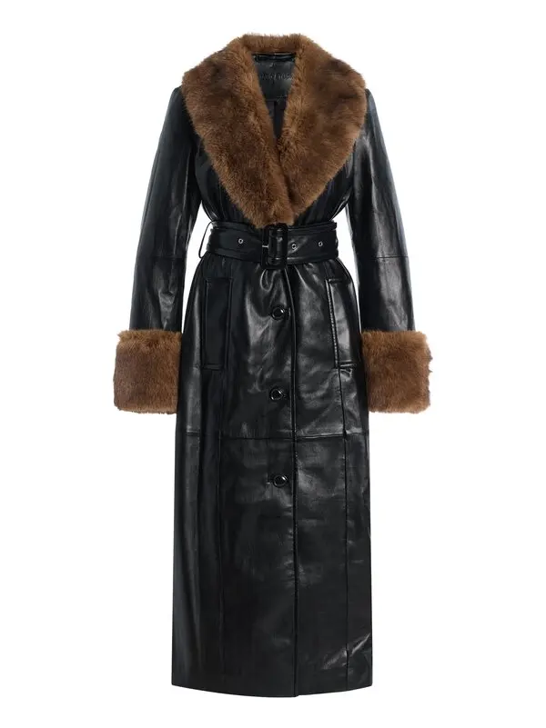 STAND STUDIO Estella Vegan Leather Coat With Faux Shearling Trim - Black