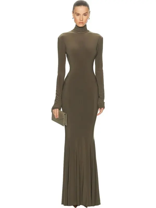 Norma Kamali For Long Sleeve Turtleneck Fishtail Gown - Bark