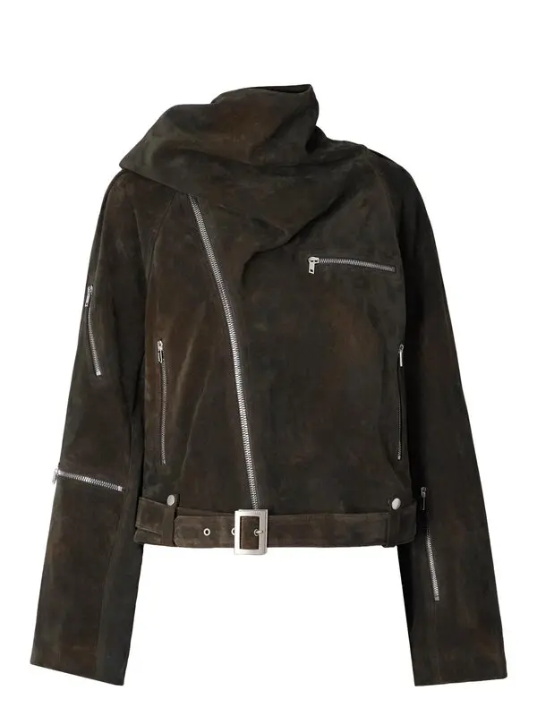 Rick Owens Scarf-detailed Suede Biker Jacket - Gray