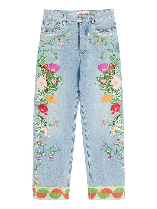 Valentino Garavani Floral Embroidered Tapered Jeans - Blue