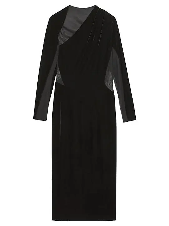 REISS Asymmetric-neck Stretch-velvet Midi Dress - Black
