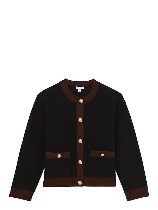 REISS Contrast-trim Wool And Cashmere-blend Cardigan - Burgundy Black