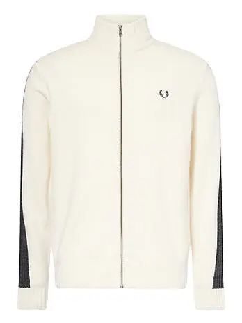Fred Perry Embroidered-logo Contrasting-panel Wool-blend Cardigan - Ecru