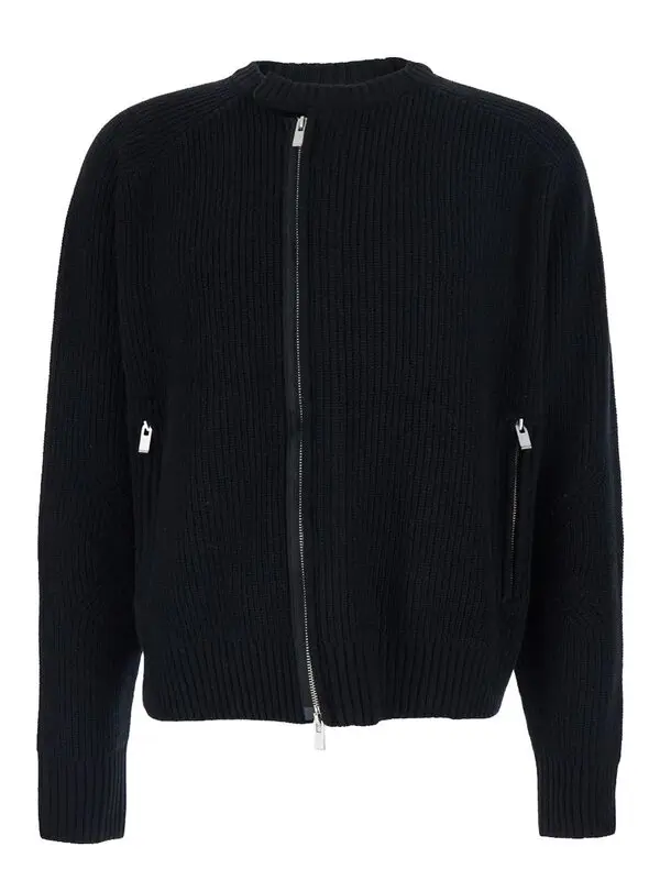 TONYWACK Crew Neck Ribbed Wool Cardigan - Black