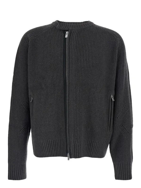 TONYWACK Crew Neck Wool Cardigan With Ribbed Design - Grey
