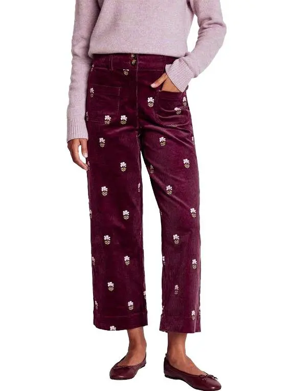 Boden Embroidered Corduroy Ankle Pants - Dark Cherry Embroidery