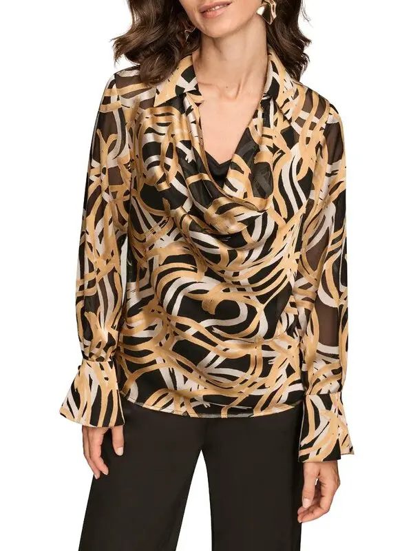 Donna Karan New York Burnout Print Cowl Neck Top - Black/gold