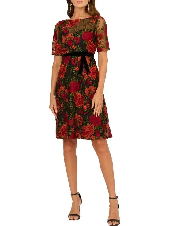Adrianna Papell Floral Embroidered Cocktail Dress - Red/black Multi