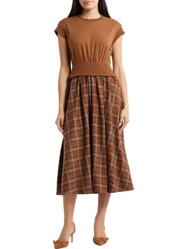 ZOE AND CLAIRE Short Sleeve French Terry Maxi Dress - Brown