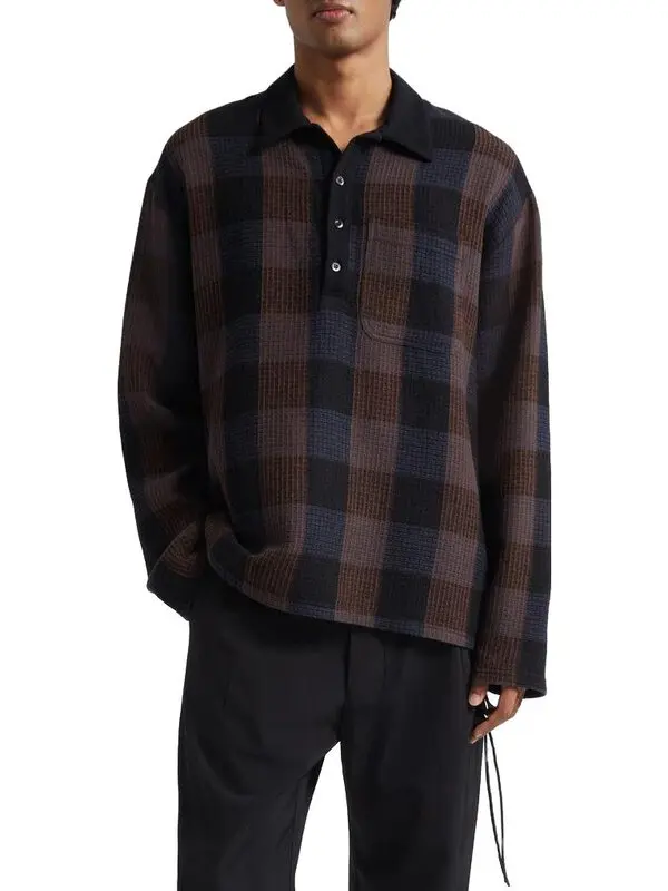 SONG FOR THE MUTE Plaid Long Sleeve Cotton Polo - Black