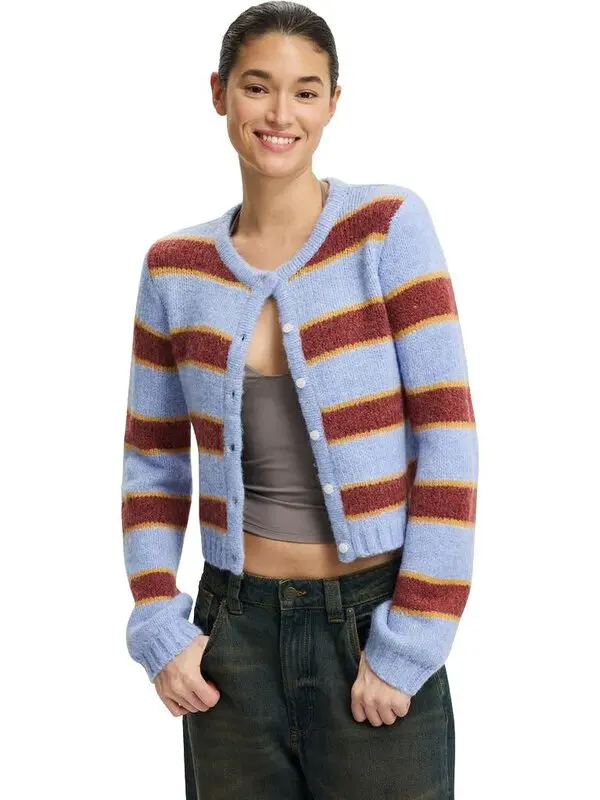 COTTON ON Luxe Crew Cardigan - Dusk Blue Berry Stripe