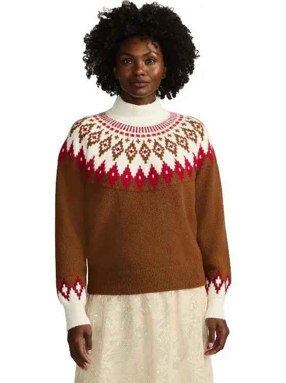 LANDS' END Fuzzy Jacquard Turtleneck Lantern Sleeve Sweater - Rich Ginger Brown Fairisle