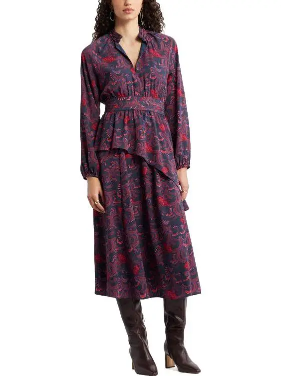 Chelsea28 Long Sleeve Ruffle Midi Dress - Navy Floral Vine