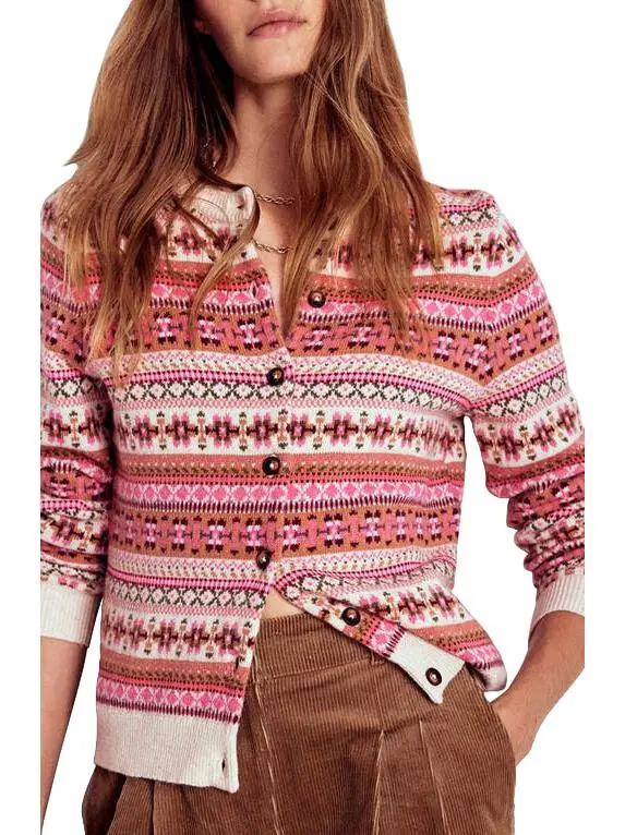Boden Edie Fair Isle Wool Cardigan - Pink Heritage Fair Isle