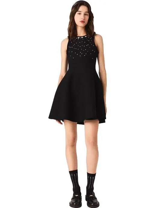 Maje Jeweled Skater Mini Dress - Black
