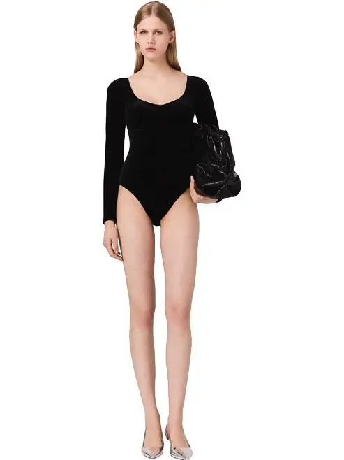 Maje Velvet Bodysuit With Corset Detail - Black