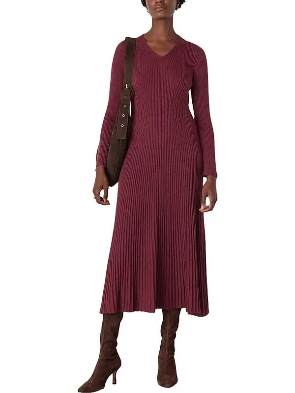 Whistles V-neck Cable-knit Ribbed Dress - Burgundy
