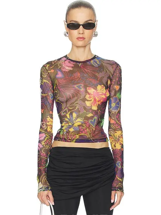 AREA Hotfix Printed Tulle Long Sleeve Top - Multi