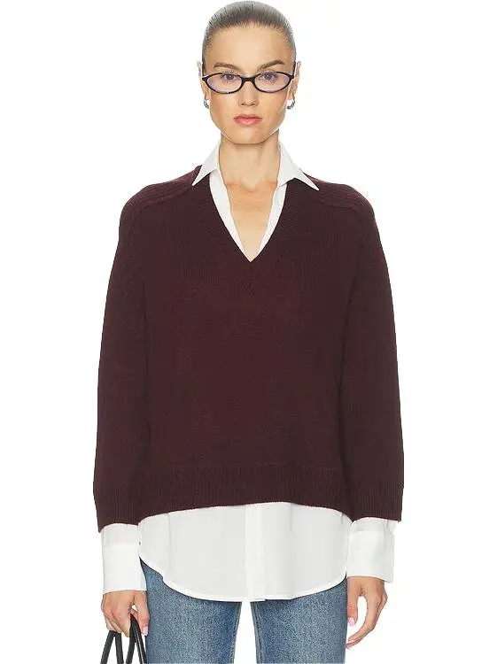 Brochu Walker V-neck Layered Pullover - Cordovan & White