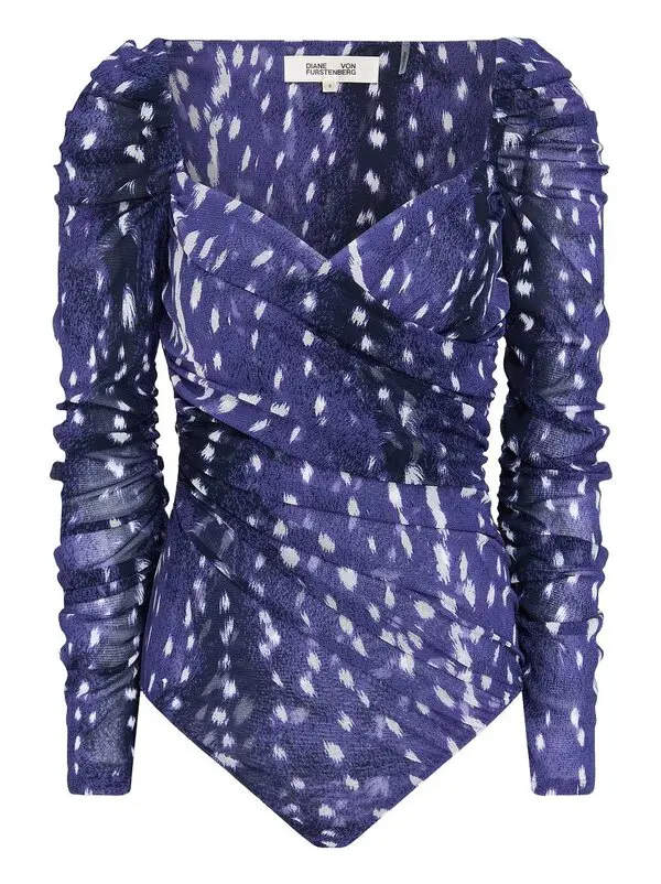 Diane Von Furstenberg Ruched Printed Mesh Bodysuit - Indigo