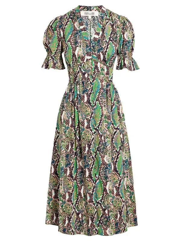 Diane Von Furstenberg Erica Snake-print Cotton-blend Poplin Midi Dress - Green