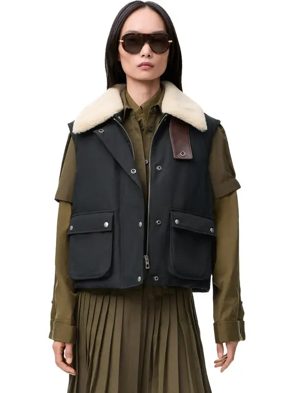 Loewe Puffer Vest In Shearling And Cotton Blend - Black