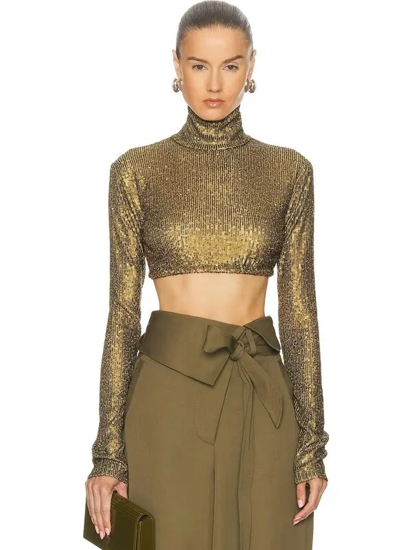 Norma Kamali Long Sleeve Slim Fit Turtleneck Cropped Top - Bark