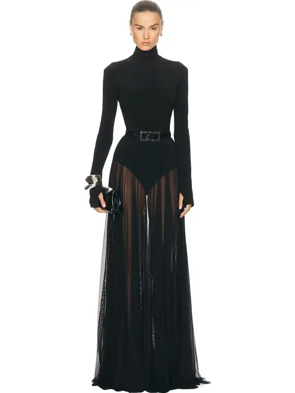 Norma Kamali Long Sleeve Turtleneck Bodysuit Flared Gown - Black