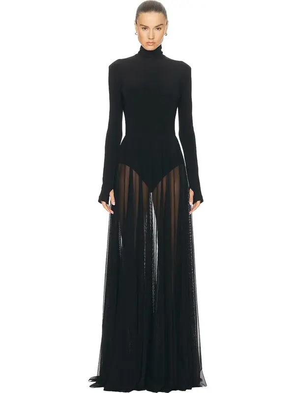 Norma Kamali Long Sleeve Turtleneck Bodysuit Flared Gown - Black
