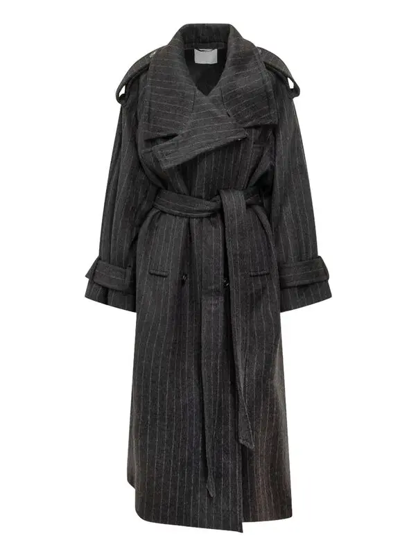 Sportmax Striped Wool Coat With Belt - Black