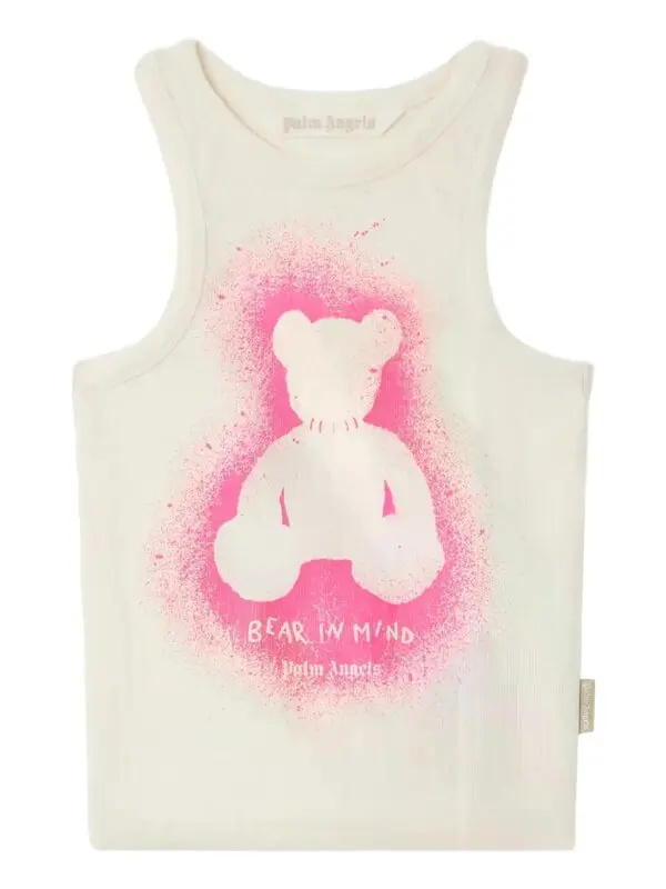 Palm Angels Spray Bear Ribbed Tank Top - White