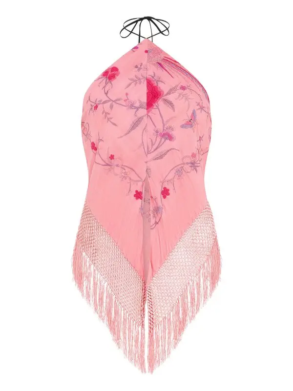 CONNER IVES Silk Piano Shawl Halter Top With Hand-embroidery And Fringe - Multi