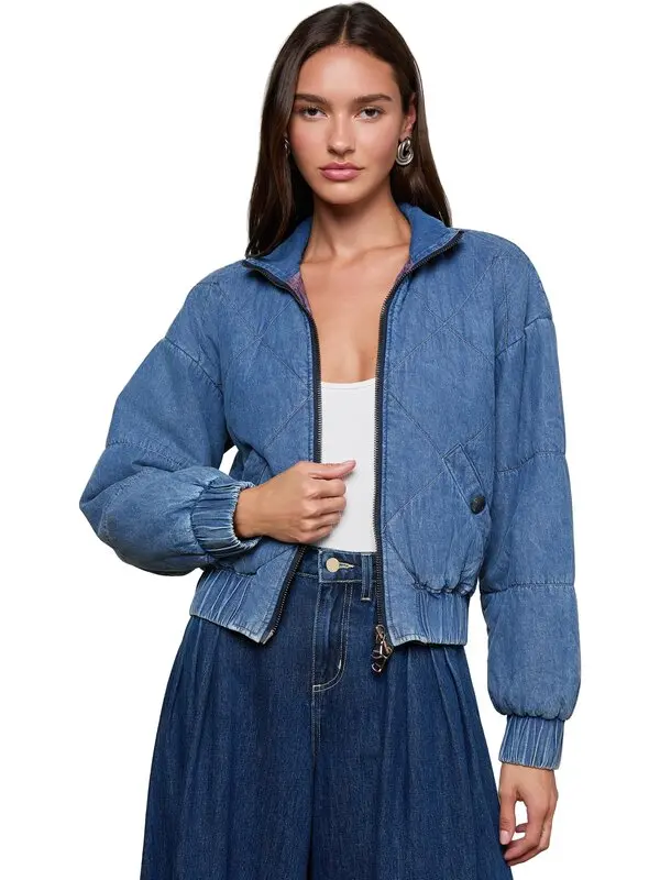 L'Agence Ryah Denim Bomber Jacket - Medium Washed Denim