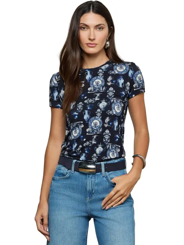 L'Agence Ressi Fitted T-shirt - Black/blue Porcelain Print