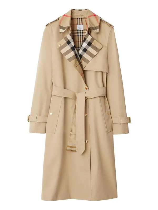 Burberry Cotton Gabardine Trench Coat With Check Collar - Beige