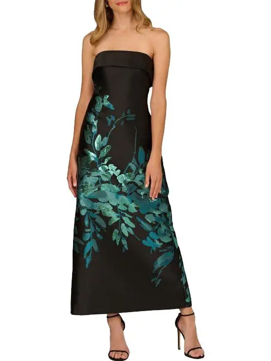 Aidan Mattox Metallic Floral Jacquard Strapless Gown - Black/teal