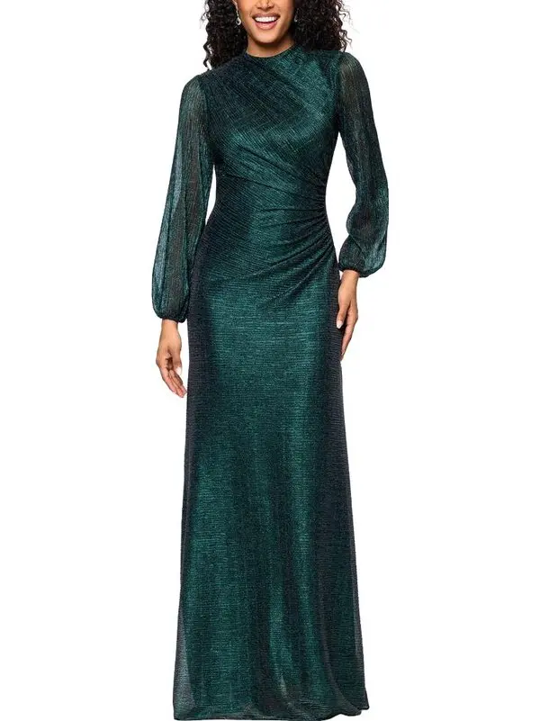 Betsy & Adam Metallic Crinkle Ruched Trumpet Gown - Black/emerald