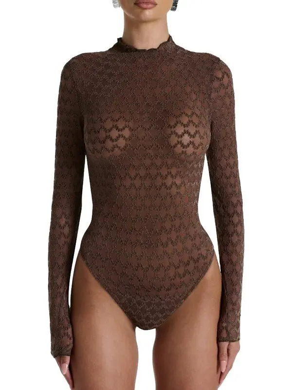 Naked Wardrobe Flocked Velvet Lace Mock Neck Long Sleeve Bodysuit - Chocolate