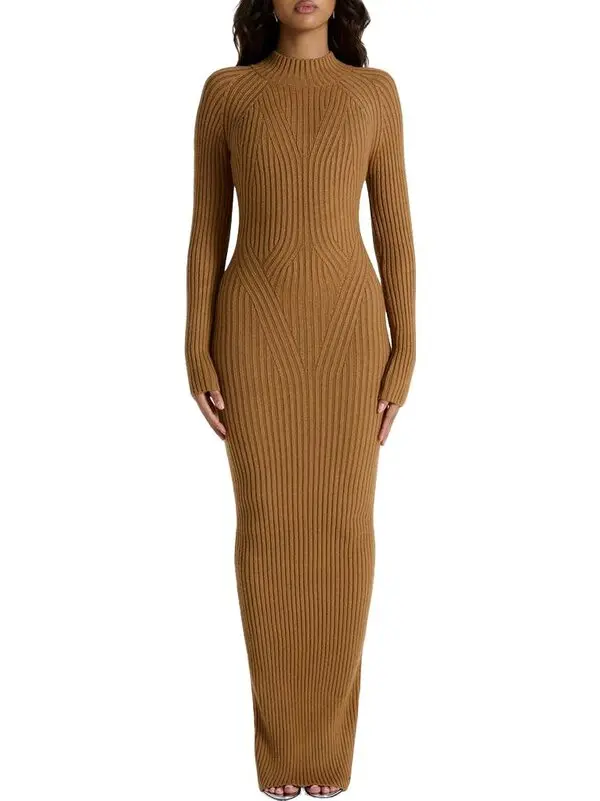 Naked Wardrobe Long Sleeve Ribbed Maxi Dress - Camel