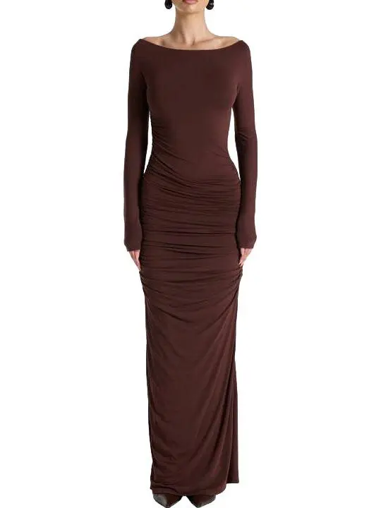 Naked Wardrobe Off-the-shoulder Ruched Maxi Dress - Chocolate